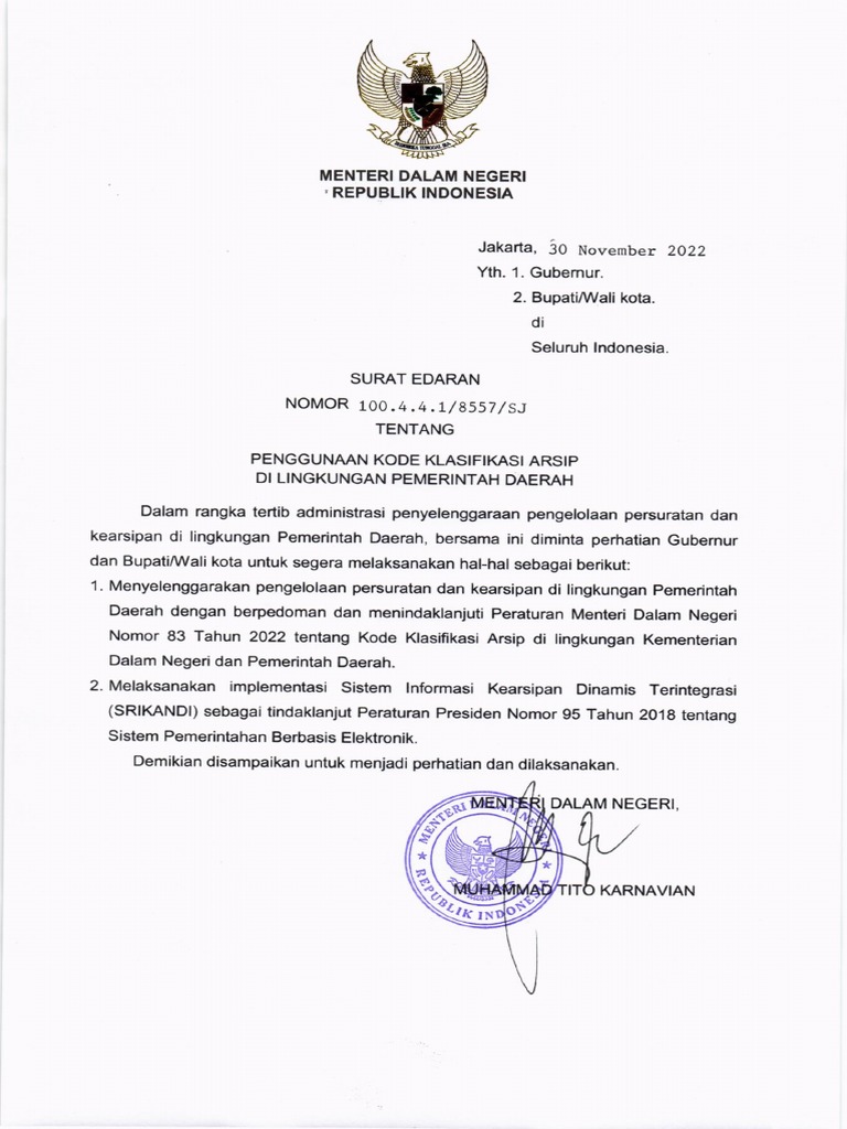 Surat Edaran Kemendagri TTG SRIKANDI | PDF