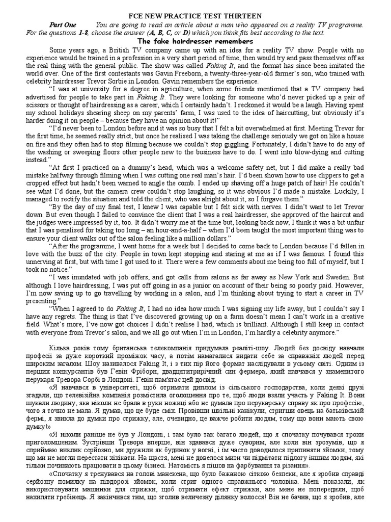 FCE PLUS 2 Practice Test Thirteen | PDF | Glider (Sailplane) | Gliding