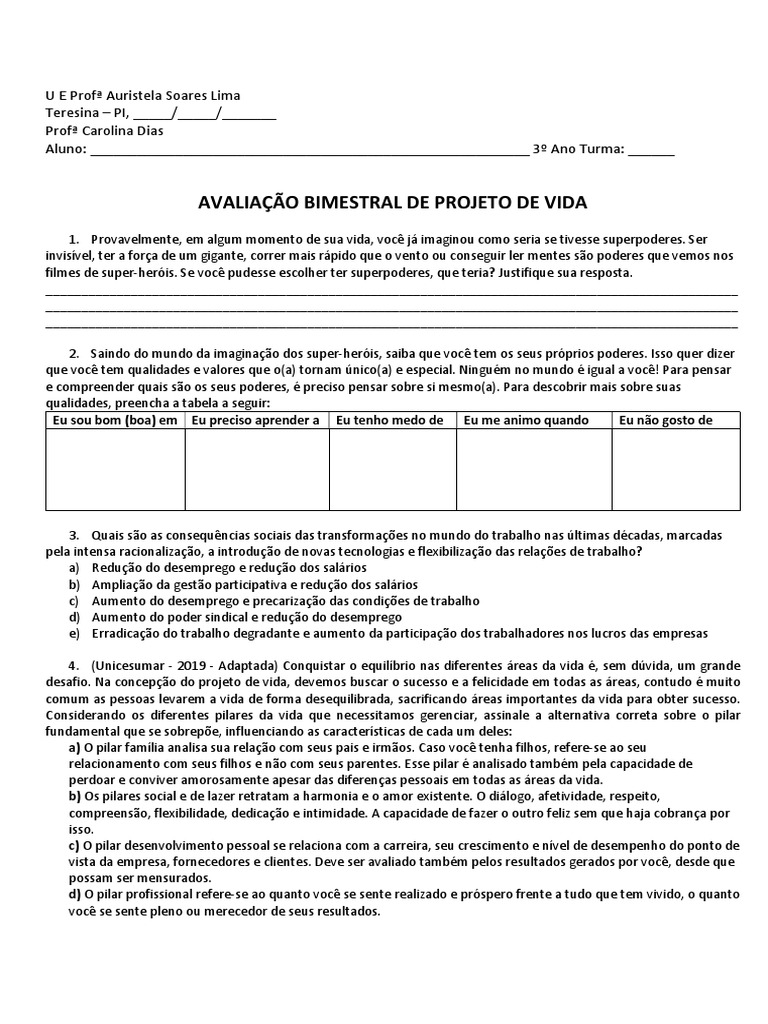 Projeto De Vida 3º Ano Pdf Vida Família