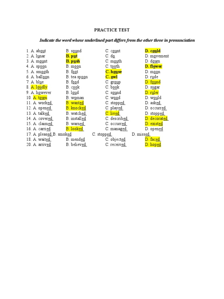 PRACTICE TEST - Pronunciation - Grade 7 | PDF