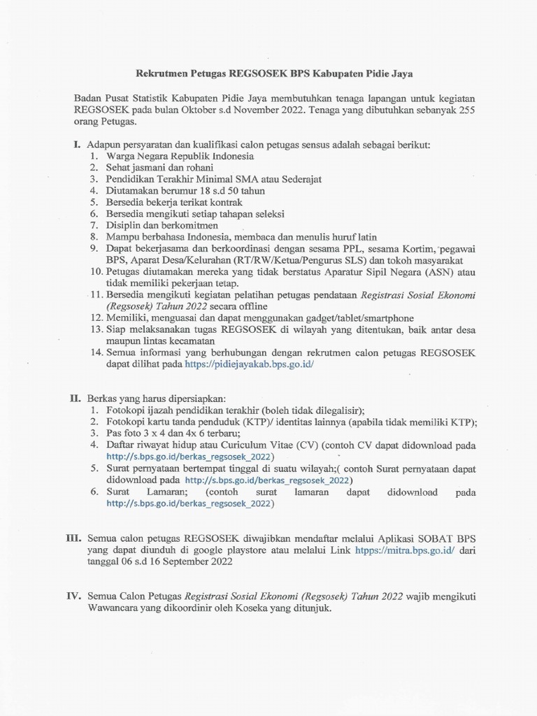 Pengumuman Rekrutmen Petugas Regsosek Tahun 2022 | PDF | Bisnis | Pengelolaan Keuangan & Uang