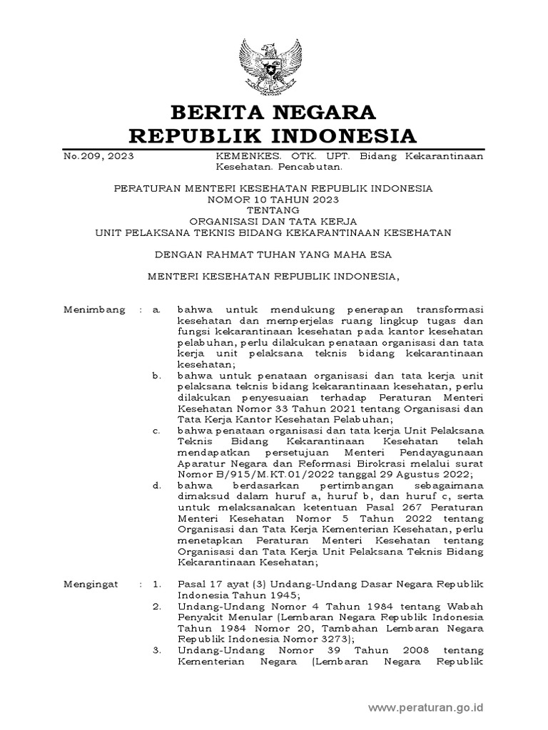 Permenkes No 10 Tahun 2023 - SOTK P2P | PDF
