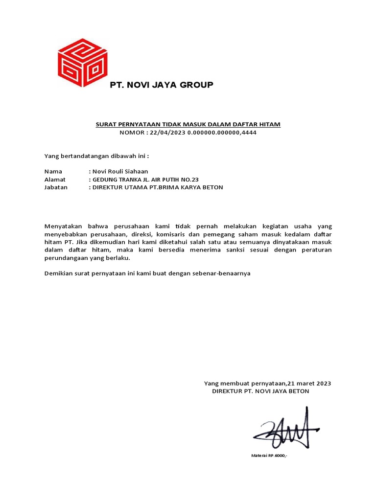 Surat - Pernyataan - Tidak - Masuk - Daftar - Hitam PT NOVI JAYA | PDF