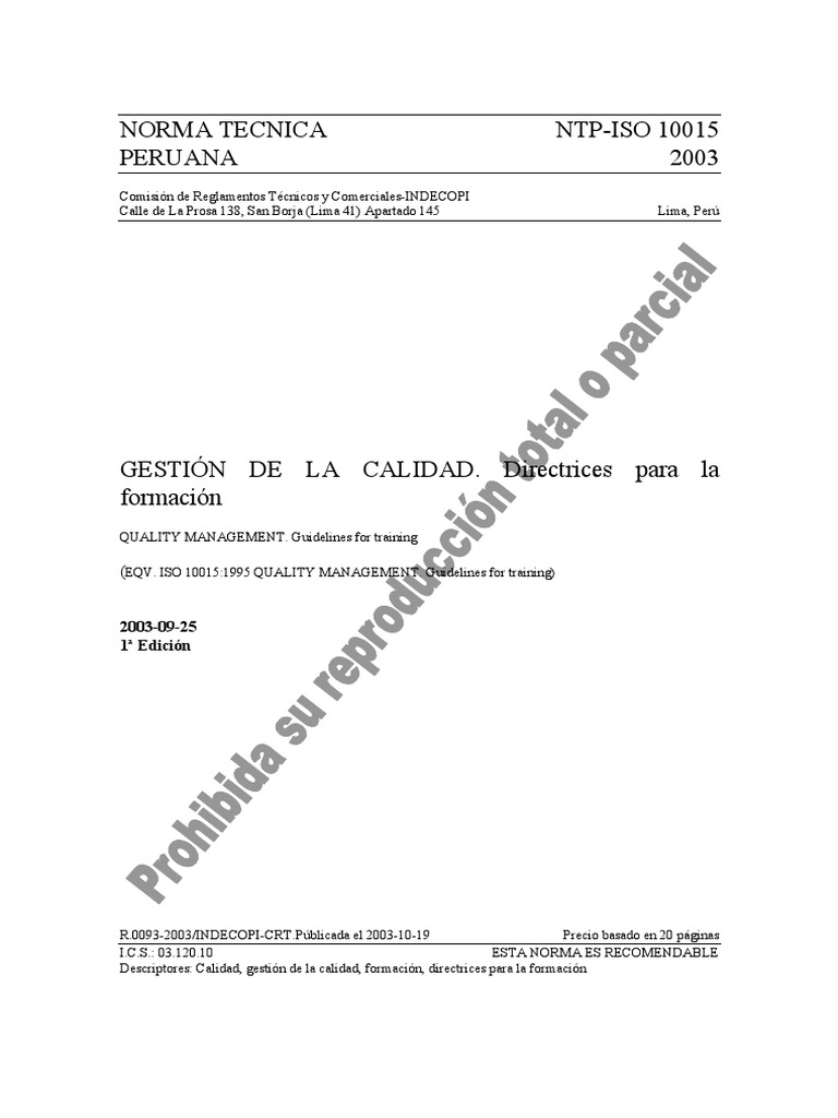 Ntp Iso 10015 2003 Directrices Para La Formación Pdf Calidad