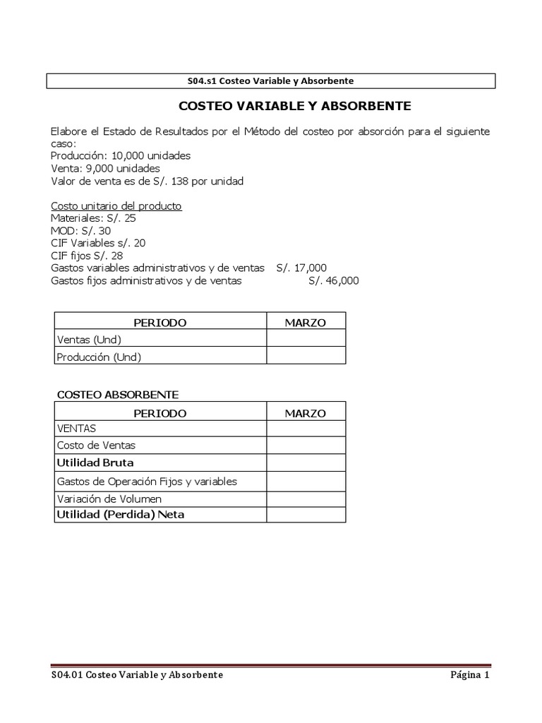 S05.s1 Ejercicios Costeo Variable y Absorbente | PDF | Contabilidad financiera | Negocios económicos
