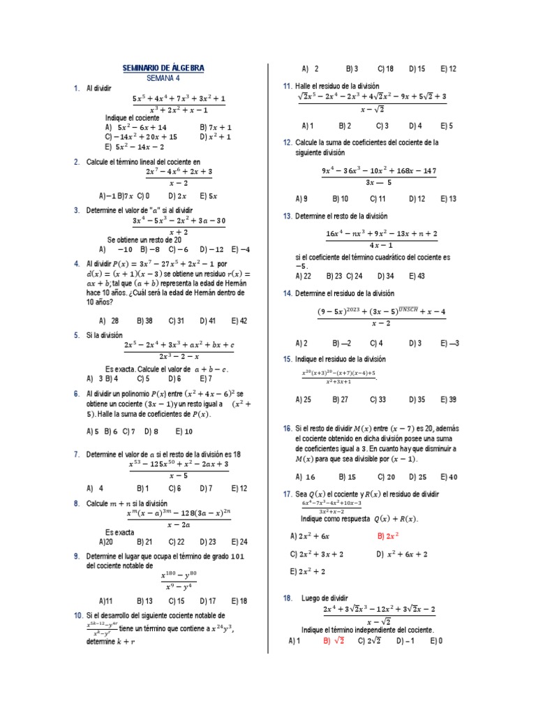 Seminario de Álgebra-4 | PDF | División (Matemáticas) | Matemáticas