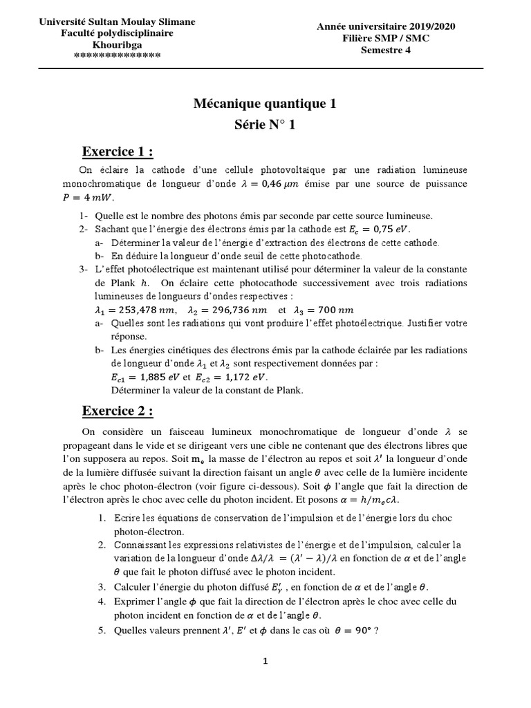 TD Série1 - MQ1 2020 | PDF | Photon | Effet photoélectrique