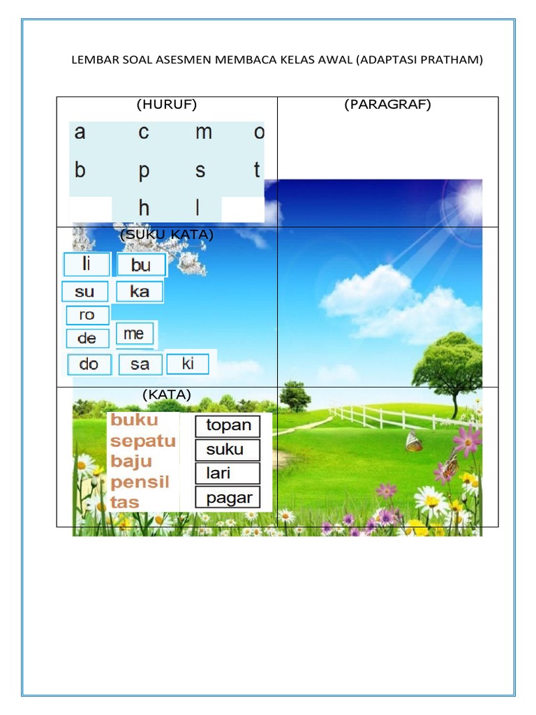 Lembar Soal Asesmen Membaca Kelas Awal | PDF