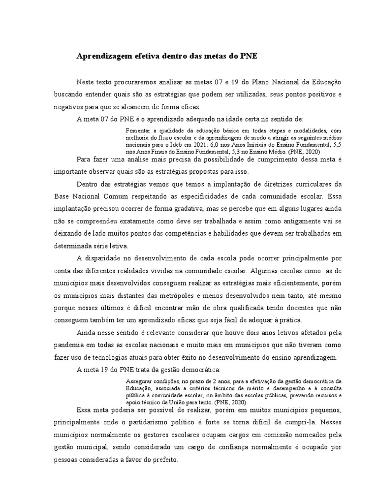 Aprendizagem Efetiva Dentro Das Metas Do PNE | PDF | Aprendizado