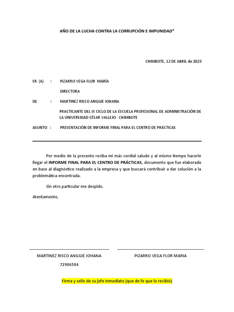 MODELO_CARTA DE ENTREGA INFORME A EMPRESA | PDF