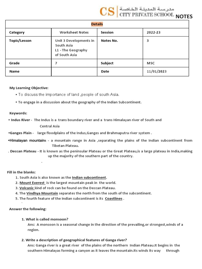 Notes_USST 7 Geography of South Asia (2) | PDF | Indus River | Himalayas