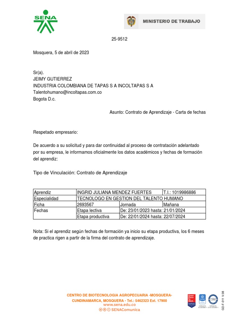 Carta Fechas 1019986886 2023410 | PDF | Aprendizaje | Business