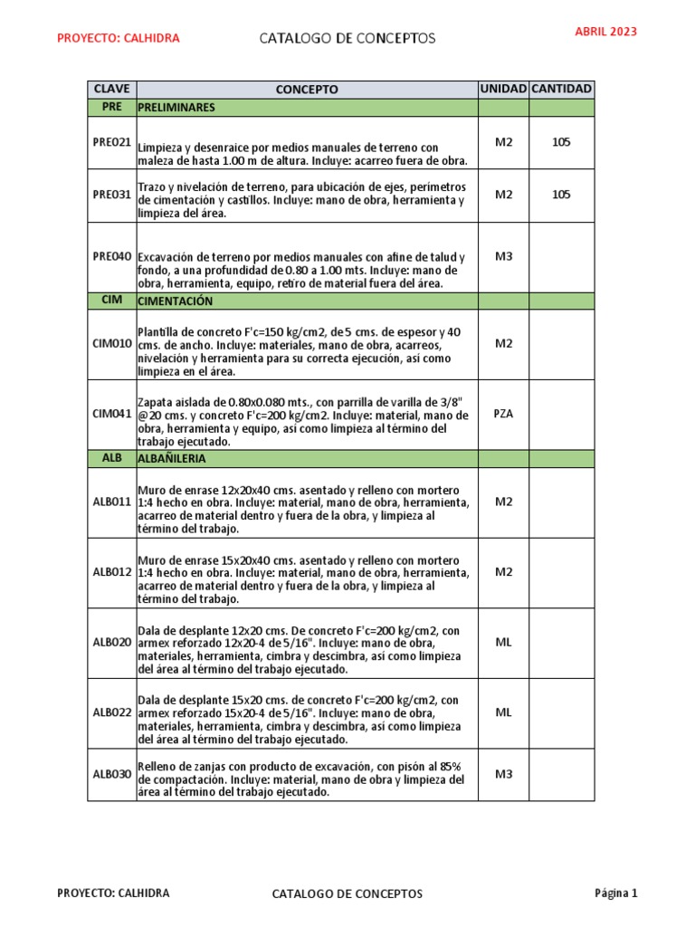 Cat. de Conceptos Calhidra | PDF | Elementos arquitectónicos | Materiales