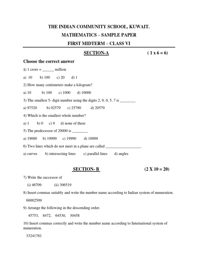 Class VI Math Sample Paper | PDF | Teaching Methods & Materials | Computers