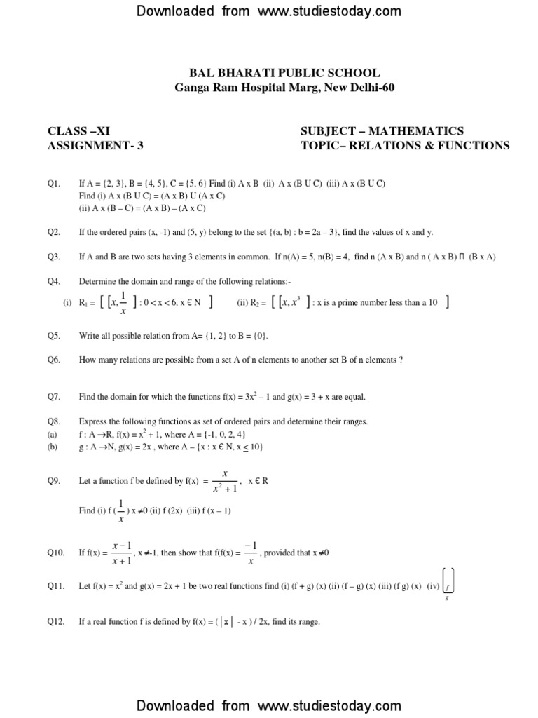 CBSE Class 11 Mathematics Worksheet | PDF | Function (Mathematics ...