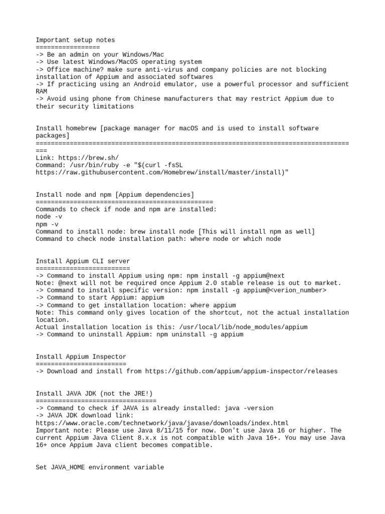 Appium Common Setup Pdf Java Programming Language Mac Os