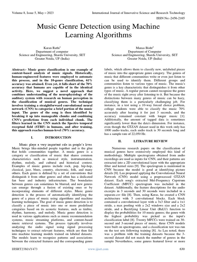Music Genre Detection Using Machine Learning Algorithms | PDF | Support Vector Machine | Machine ...