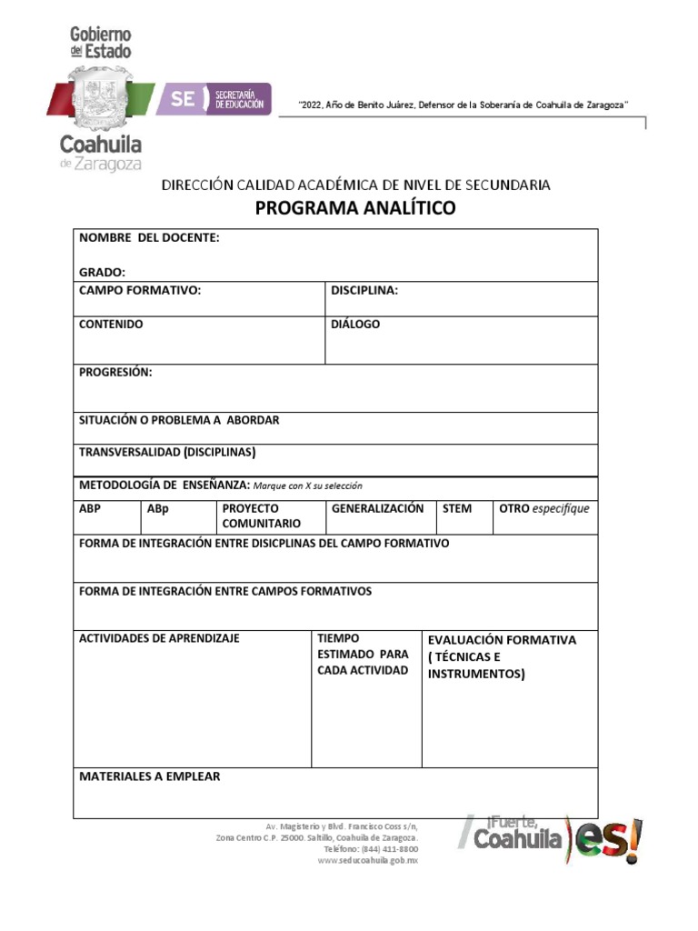 Ejemplo Formato Programa Analitico Secundaria | PDF