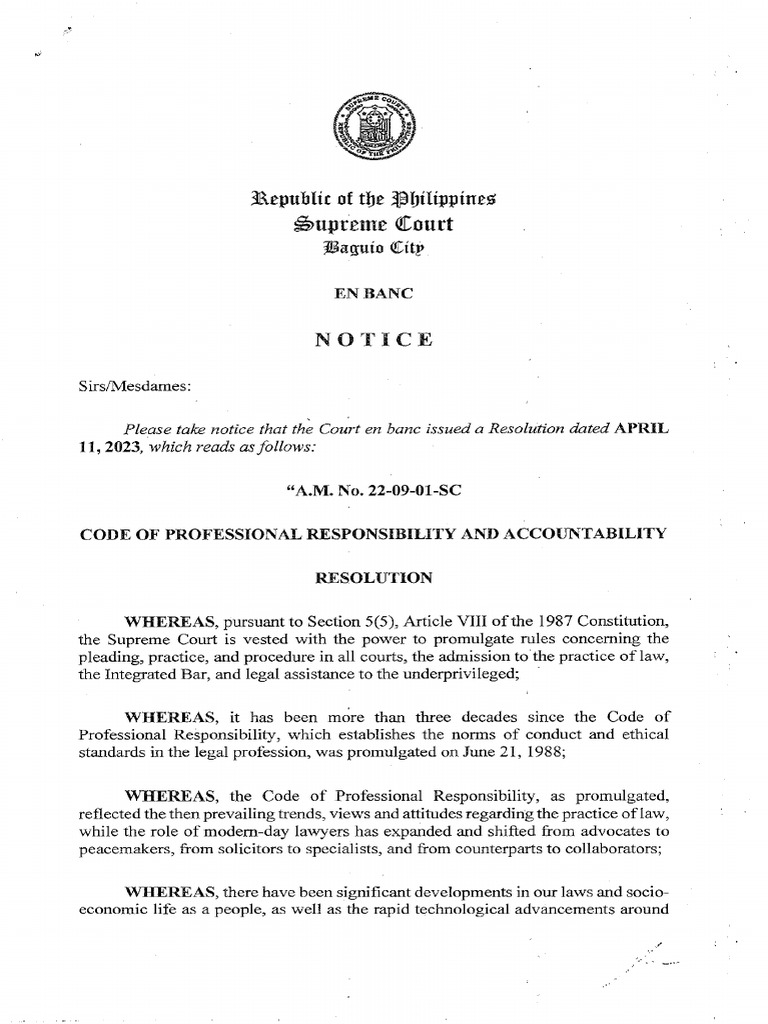 Code of Professional Responsibility and Accountability 22-09-01-SC ...