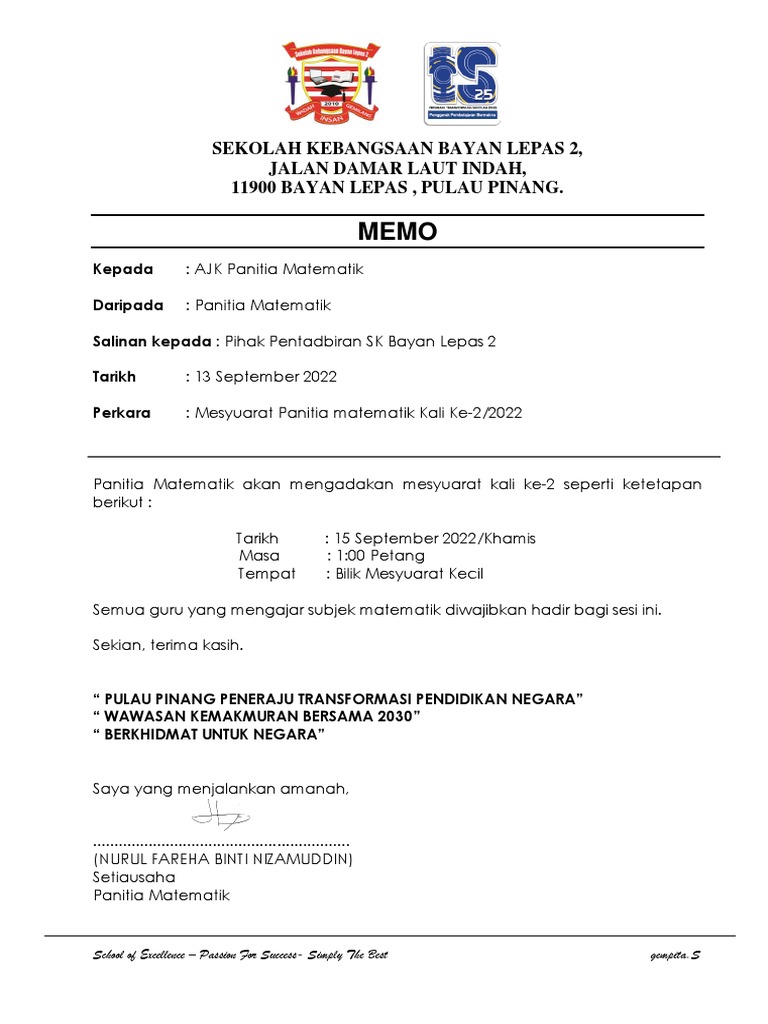 Memo Mesyuarat Panitia Matematik Kali Ke-2 | PDF