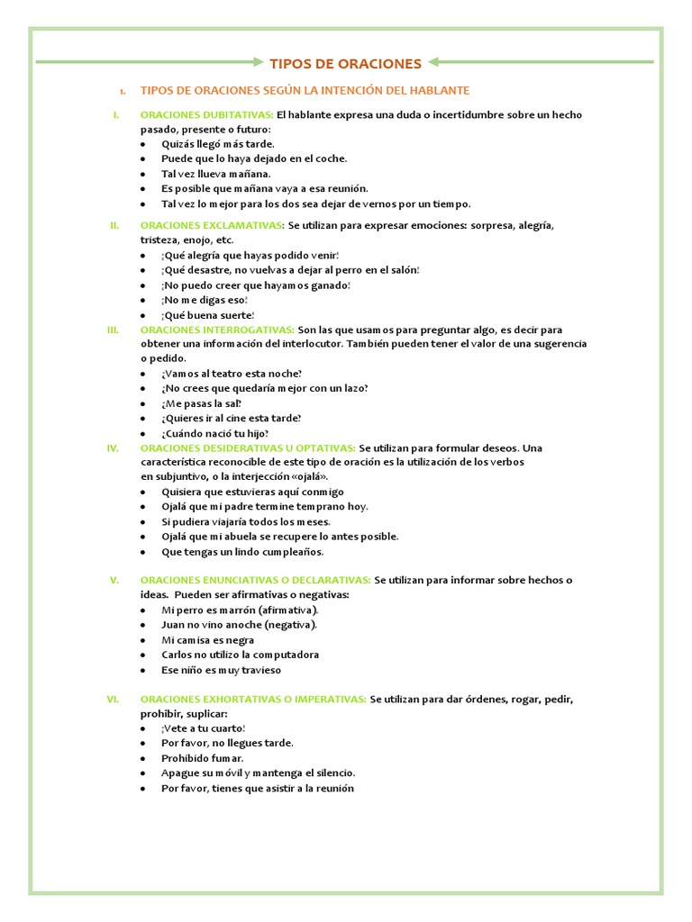 Tipos de Oraciones - Ejemplos | PDF | Predicado (Gramática) | Verbo