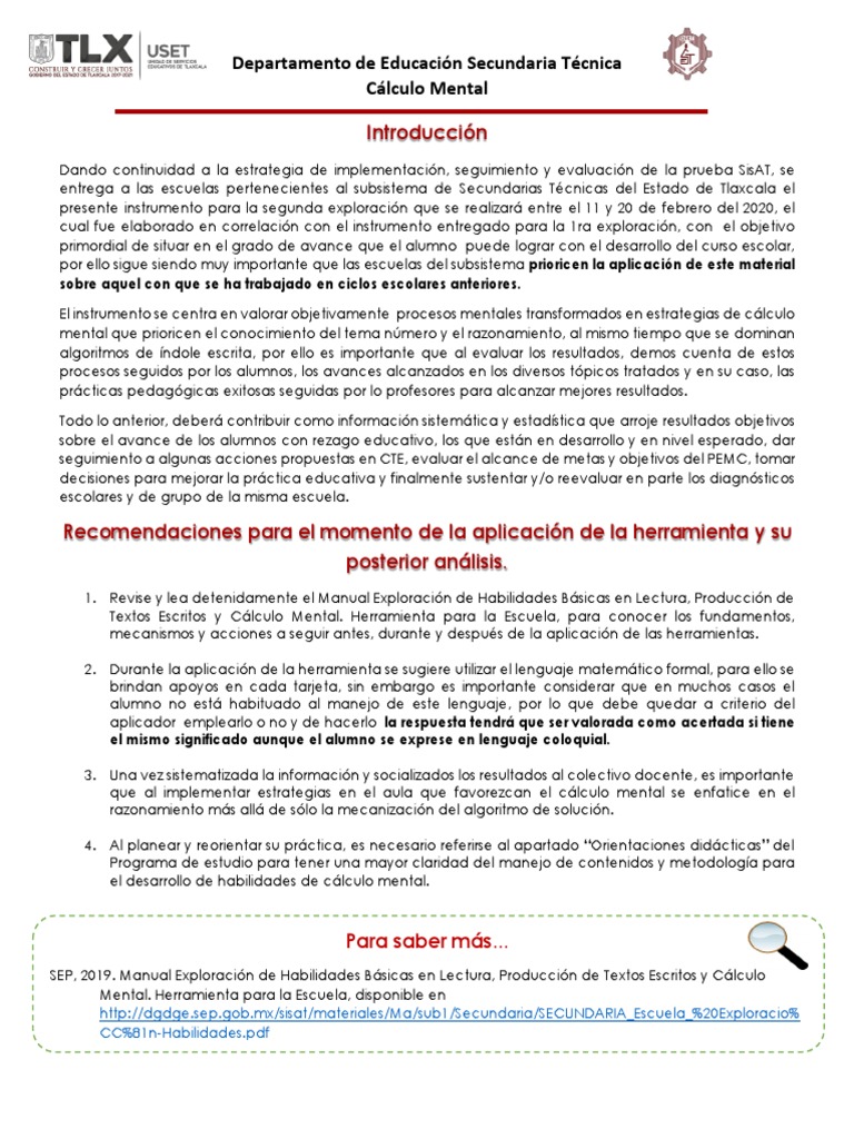 Herramienta de Calculo Mental Sisat 2da Exploracion Ciclo Escolar 2019 2020 | PDF | Entero ...