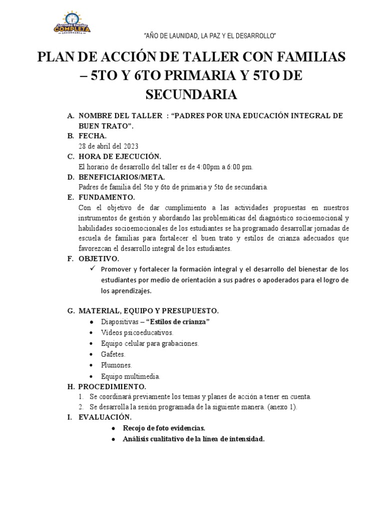 Modelo de Plan de Acción Jornada de Escuela Con PP - Ff. | PDF