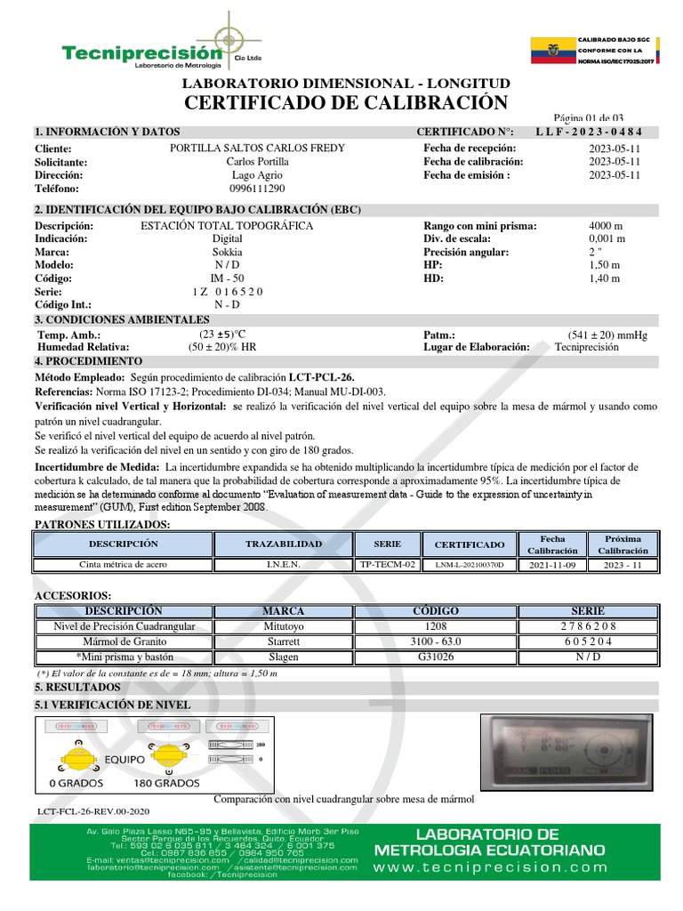 Certificado Estacion Total Tecniprecisión | PDF | Calibración ...