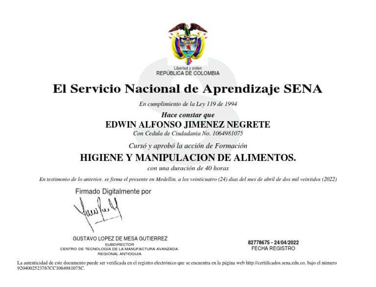 Certificado Sena Manipulacion de Alimentos - Crdownload | PDF