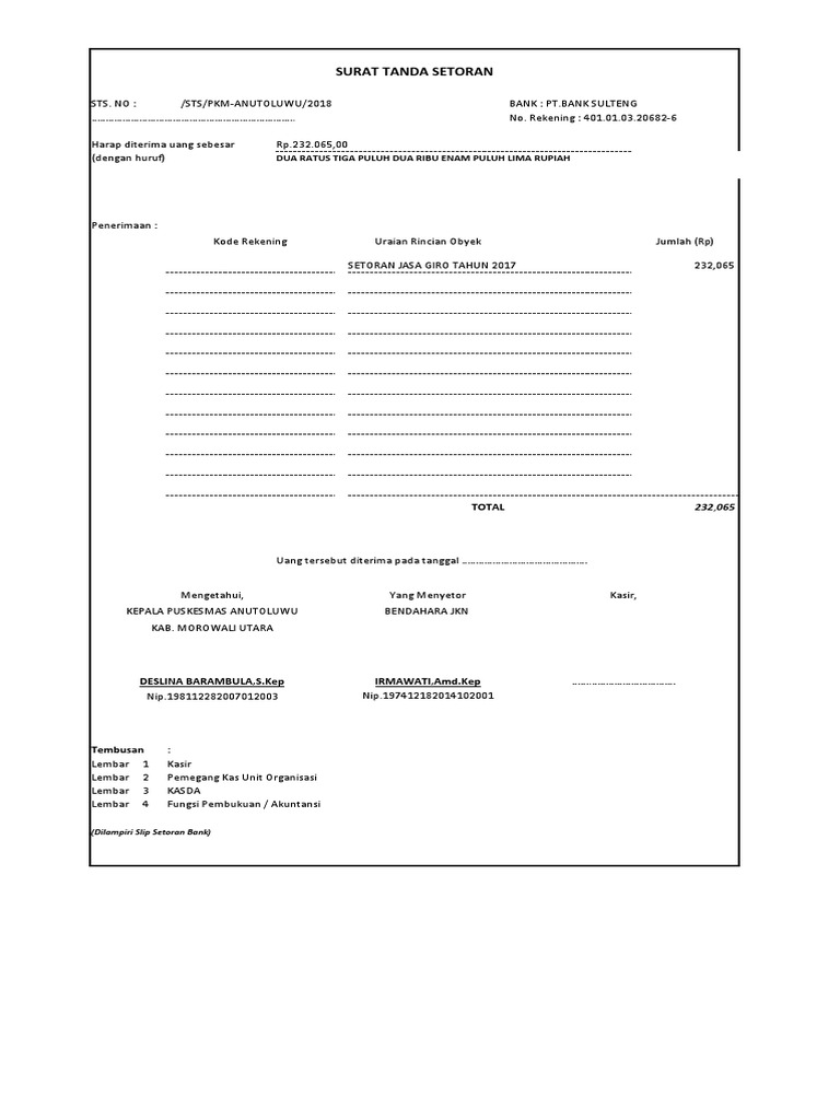 Surat Tanda Setoran (STS) Keuangan | PDF