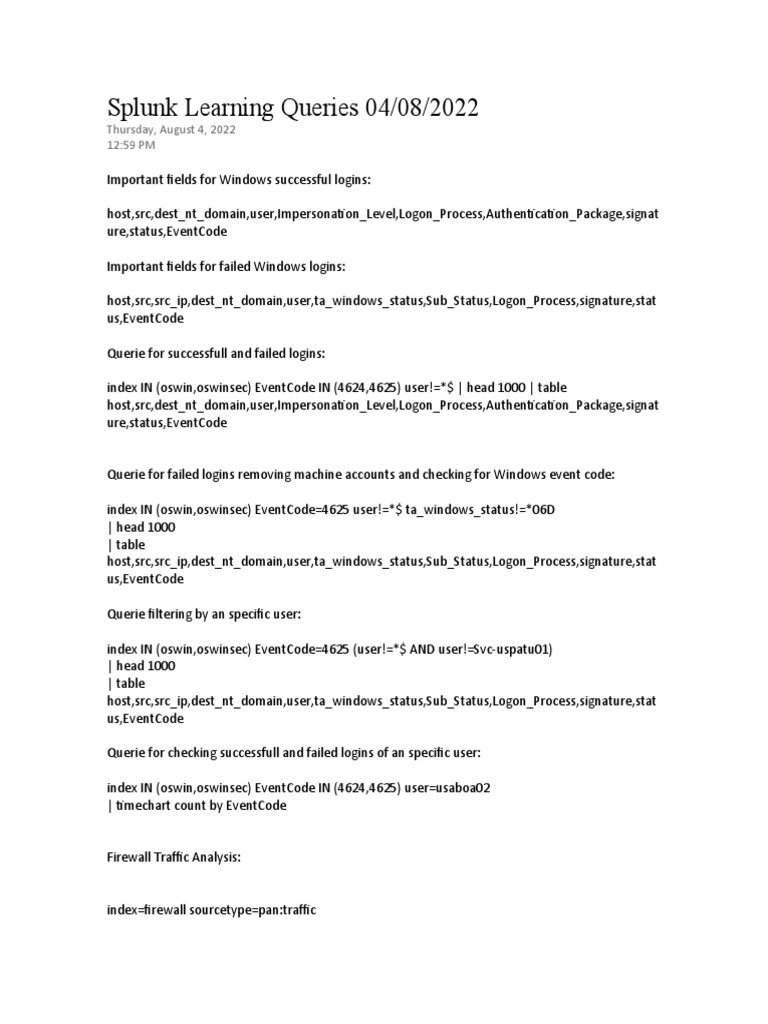 Splunk Learning Queries 04082022 | PDF