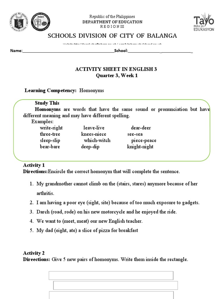 English 3 Activity Sheets on Homonyms | PDF