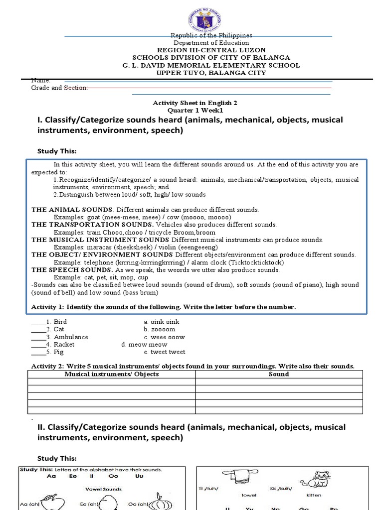Grade 2 English Answer Sheet. Q1.Wk1 | PDF
