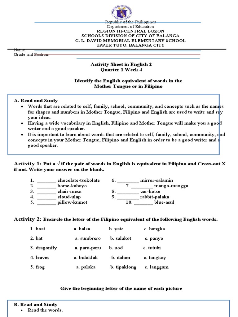 English-Filipino Vocabulary Activity Sheet | PDF | Human Communication | Linguistics