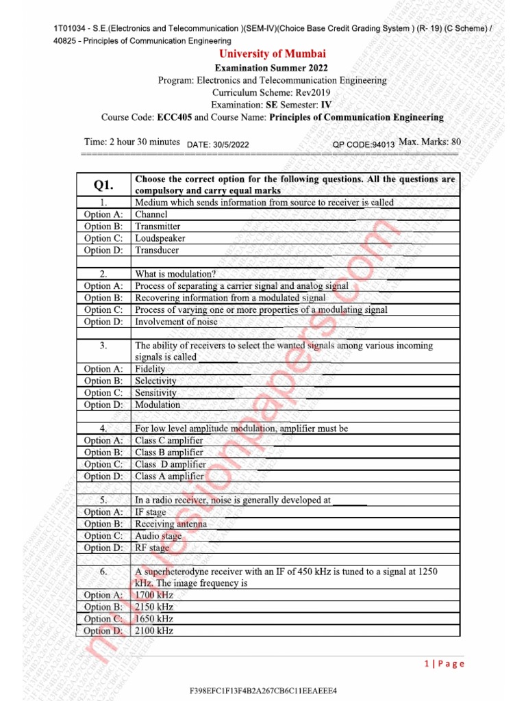 Be Electronics and Telecommunication Semester 4 2022 May Principles of Communication ...