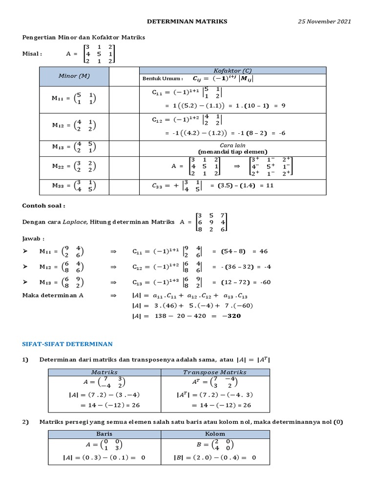 Sifat dan Contoh Determinan Matriks | PDF