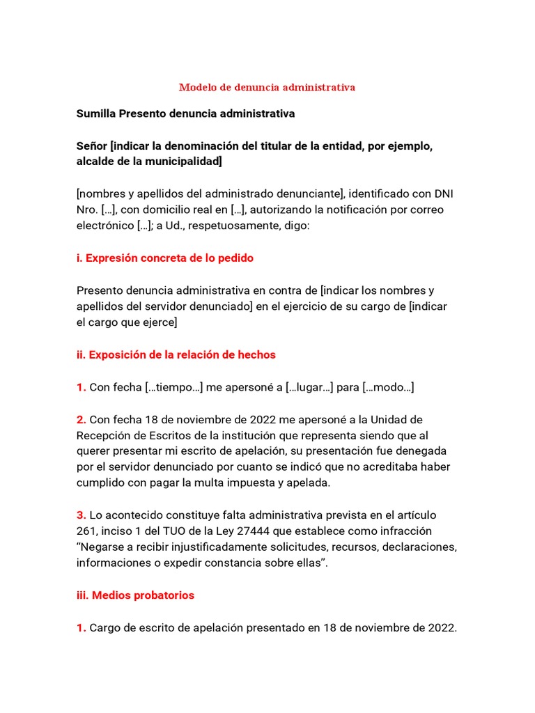 Modelo de Denuncia Administrativa | PDF