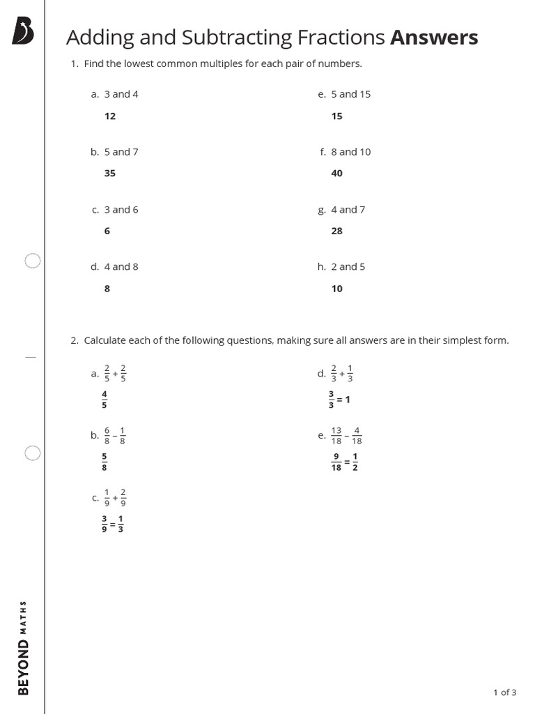 Adding and Subtracting Fractions (Answers) | PDF | Mathematics ...