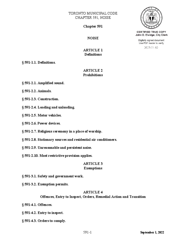Toronto Municipal Code Chapter 591, Noise: September 1, 2022 | Download ...