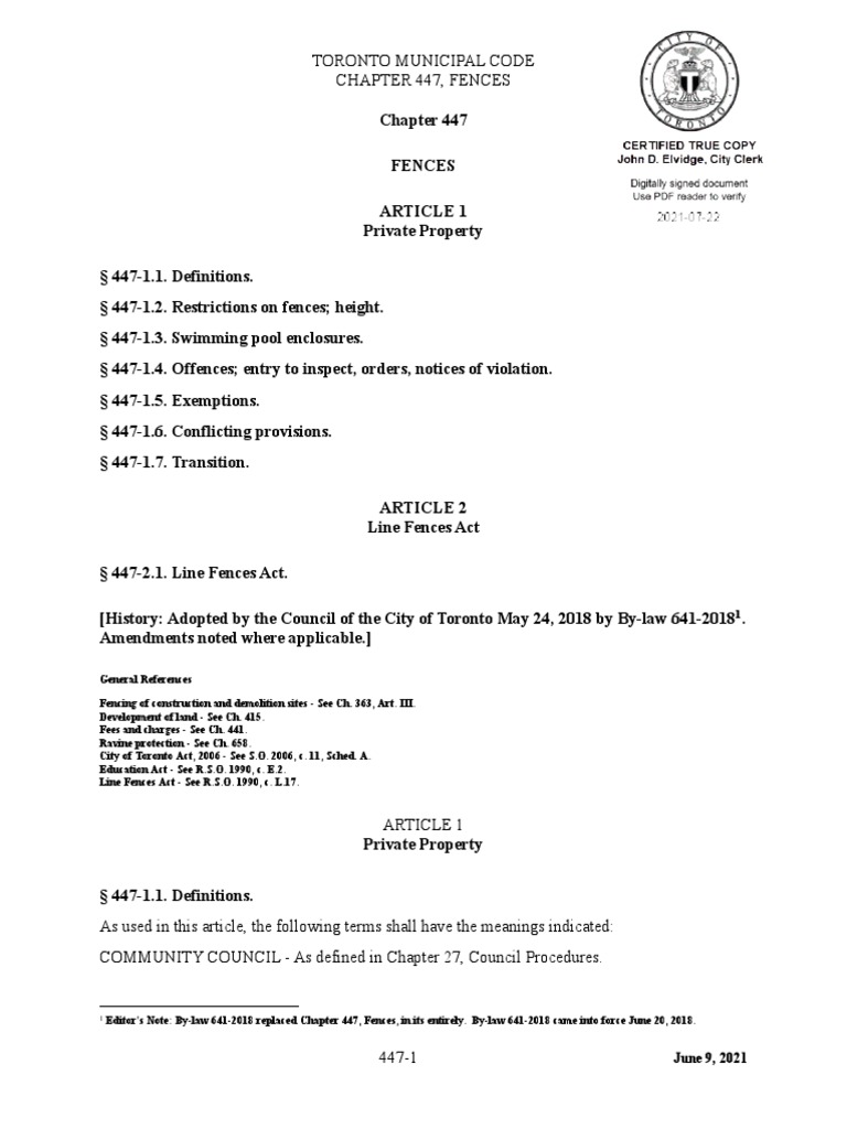 Toronto Municipal Code Chapter 447, Fences: June 9, 2021 | PDF | Fence ...