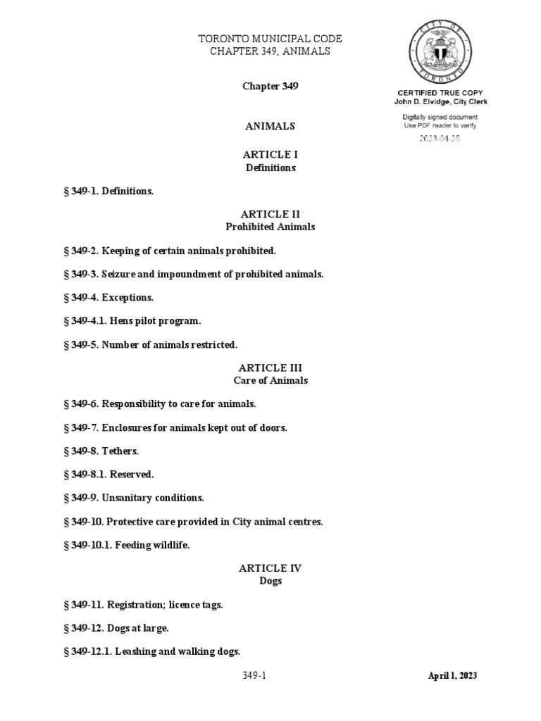 Toronto Municipal Code Chapter 349, Animals: April 1, 2023 | PDF ...