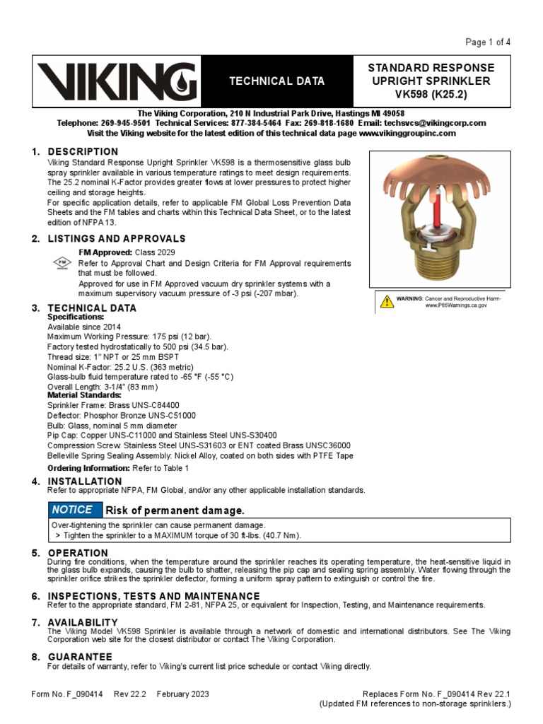 Standard Response Upright Sprinkler VK598 (K25.2) : Technical Data ...