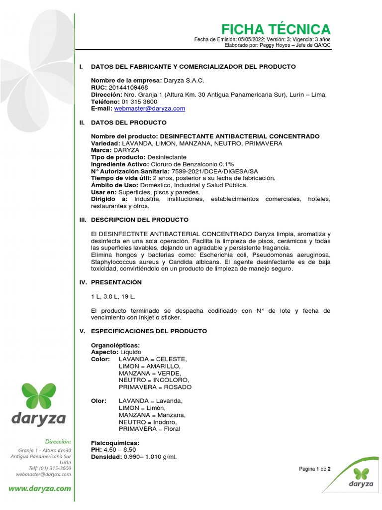 Ficha T Cnica Desinfectante Con Aroma Daryza | PDF