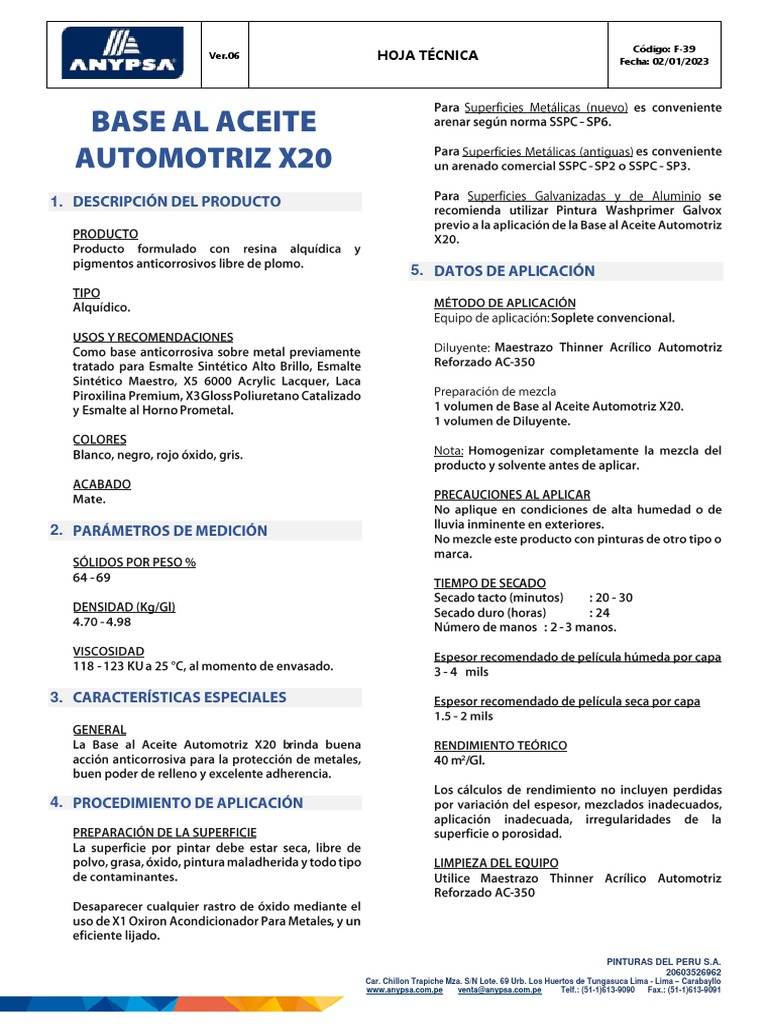 FICHA TECNICA BASE AL ACEITE AUTOMOTRIZ X20. | PDF