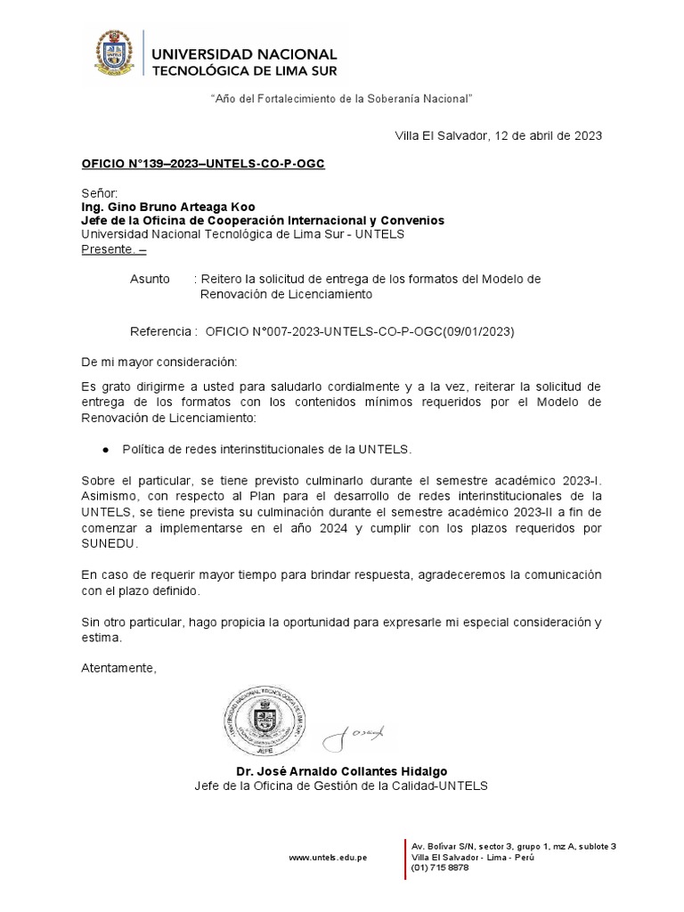 Oficio N°139-2023-Untels-Cooperacion Interinstitucional-Reitero Envio de Formatos | PDF