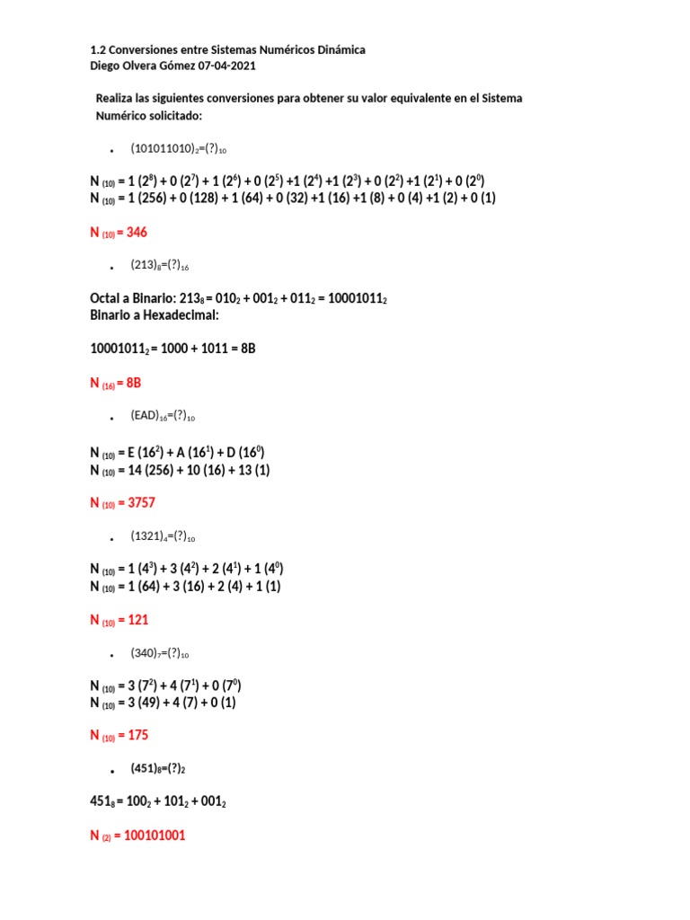 1.2 Conversiones Entre Sistemas Numéricos - Dinámica | PDF