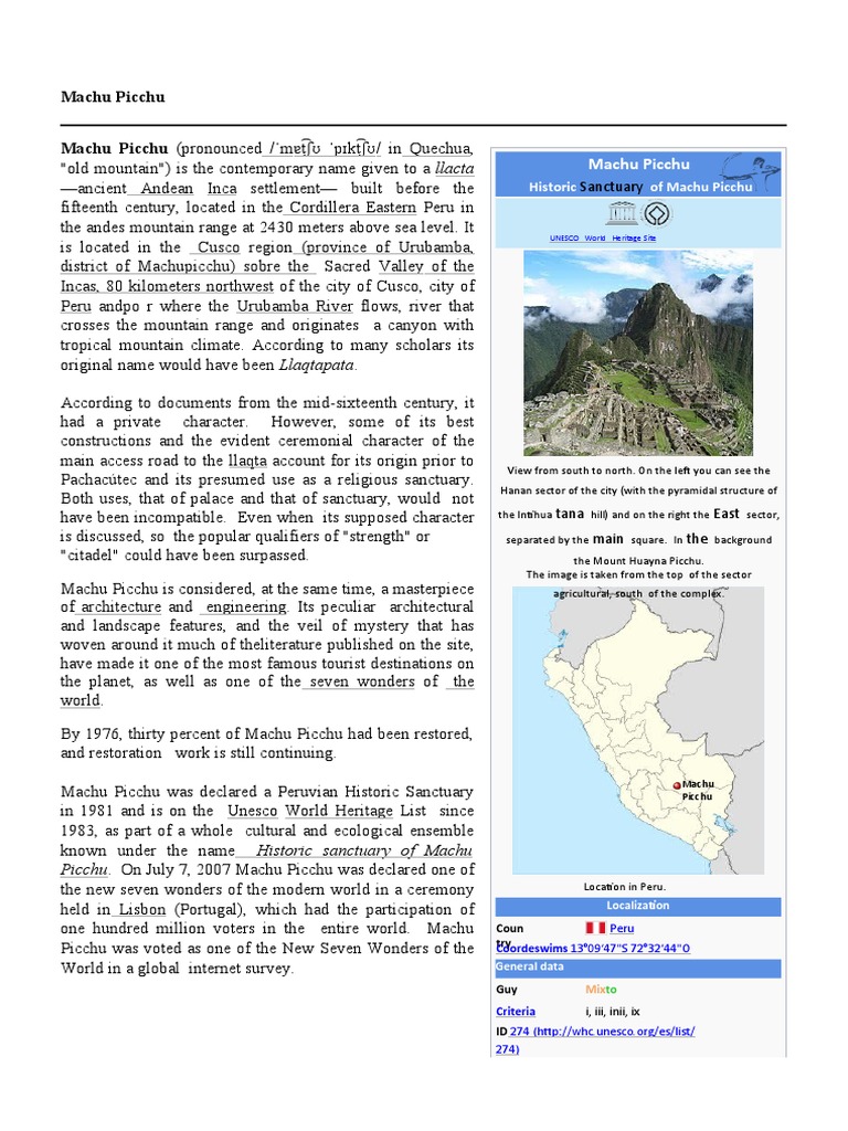 Machu Picchu (English Project) | PDF | Machu Picchu