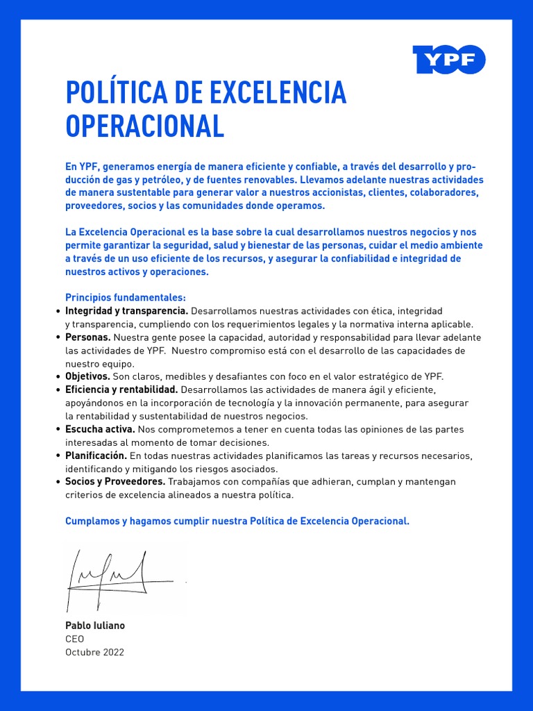Actualizacion Politica Excelencia Operacional Ypf | PDF