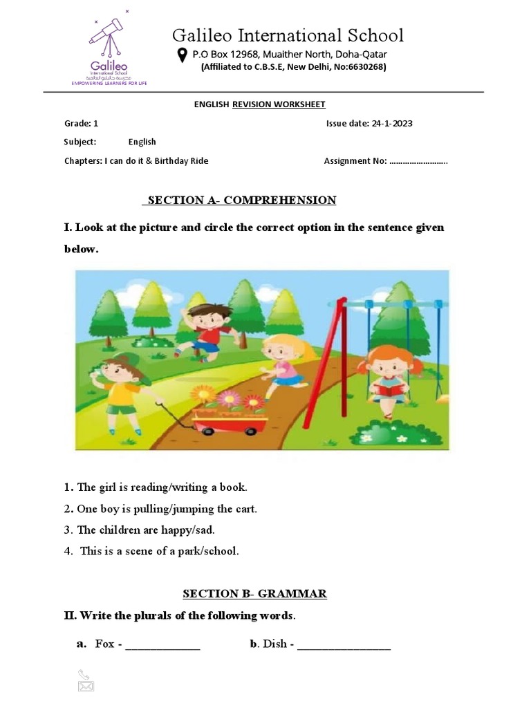 Final English Revision Worksheet Grade 1 | PDF