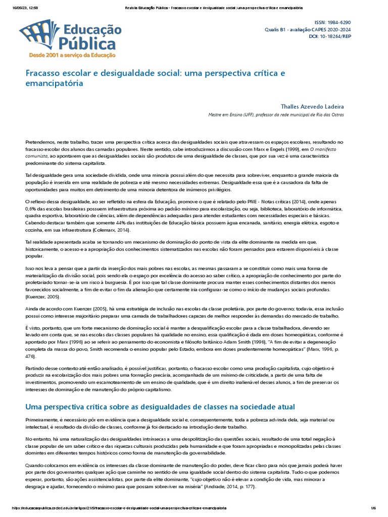Revista Educação Pública - Fracasso Escolar e Desigualdade Social - Uma ...